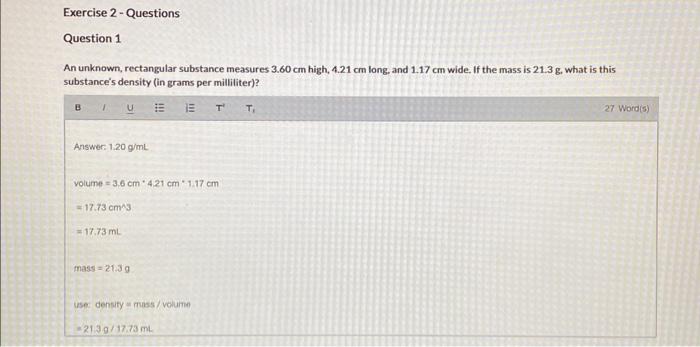 Part 1: Volume and Density Measurements (Liquid) 1 | Chegg.com