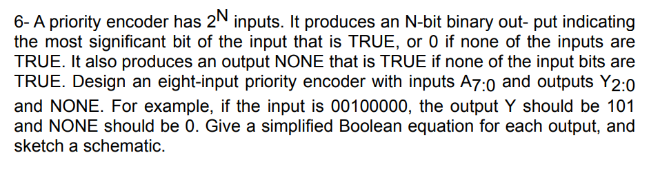 Solved 6- ﻿A priority encoder has 2N ﻿inputs. It produces an | Chegg.com