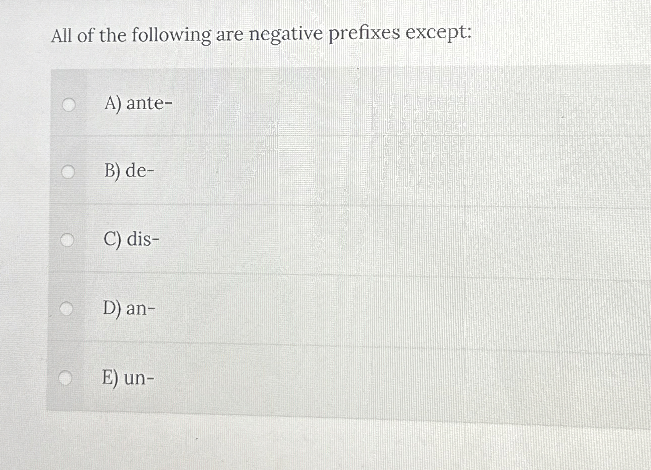 Solved All of the following are negative prefixes except:A) | Chegg.com