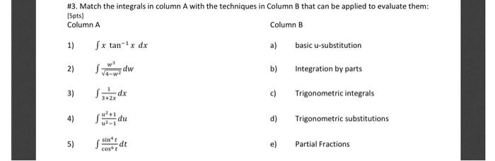 Solved #3. Match the integrals in column A with the | Chegg.com