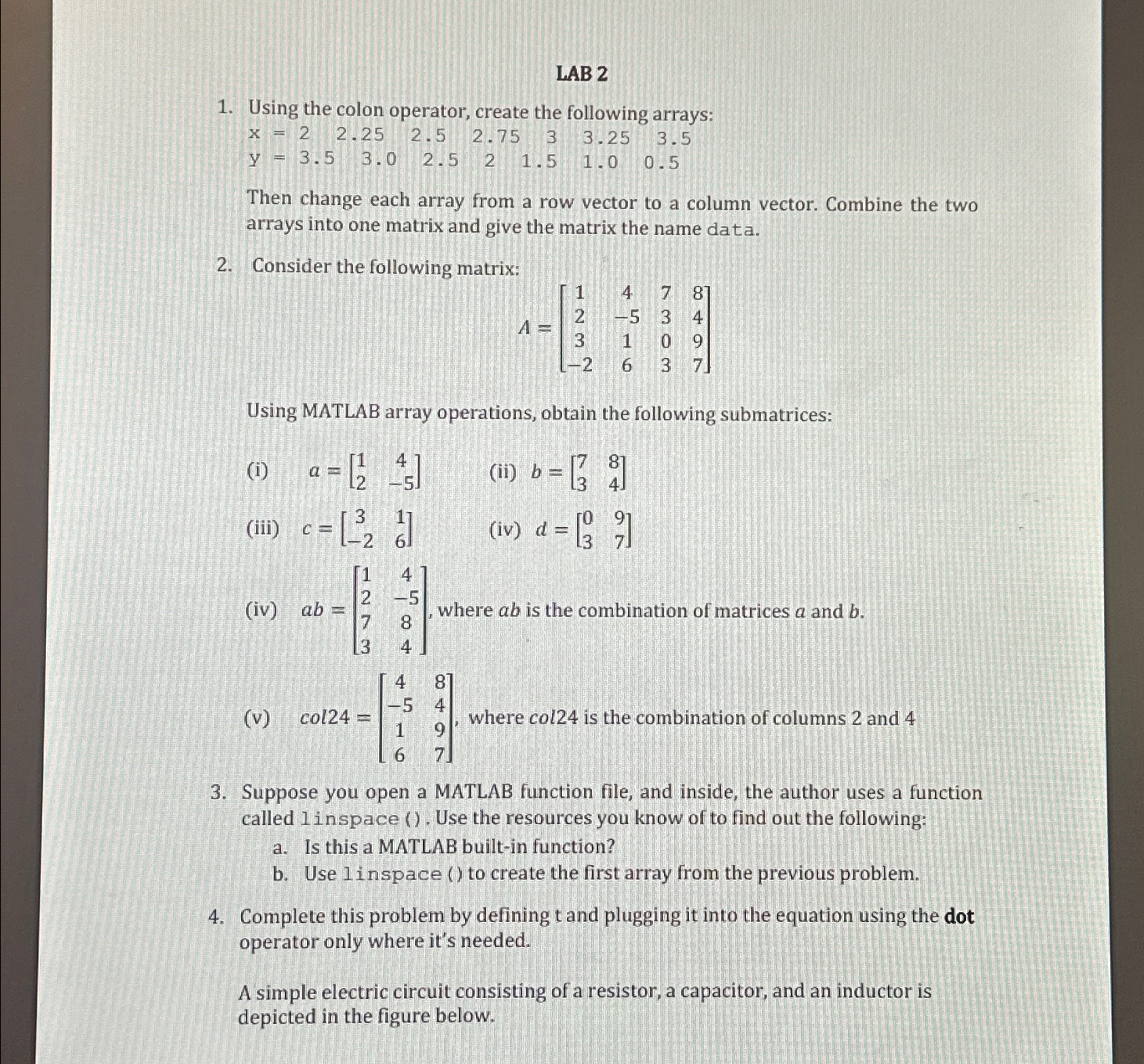 Solved LAB 2Using the colon operator, create the following | Chegg.com