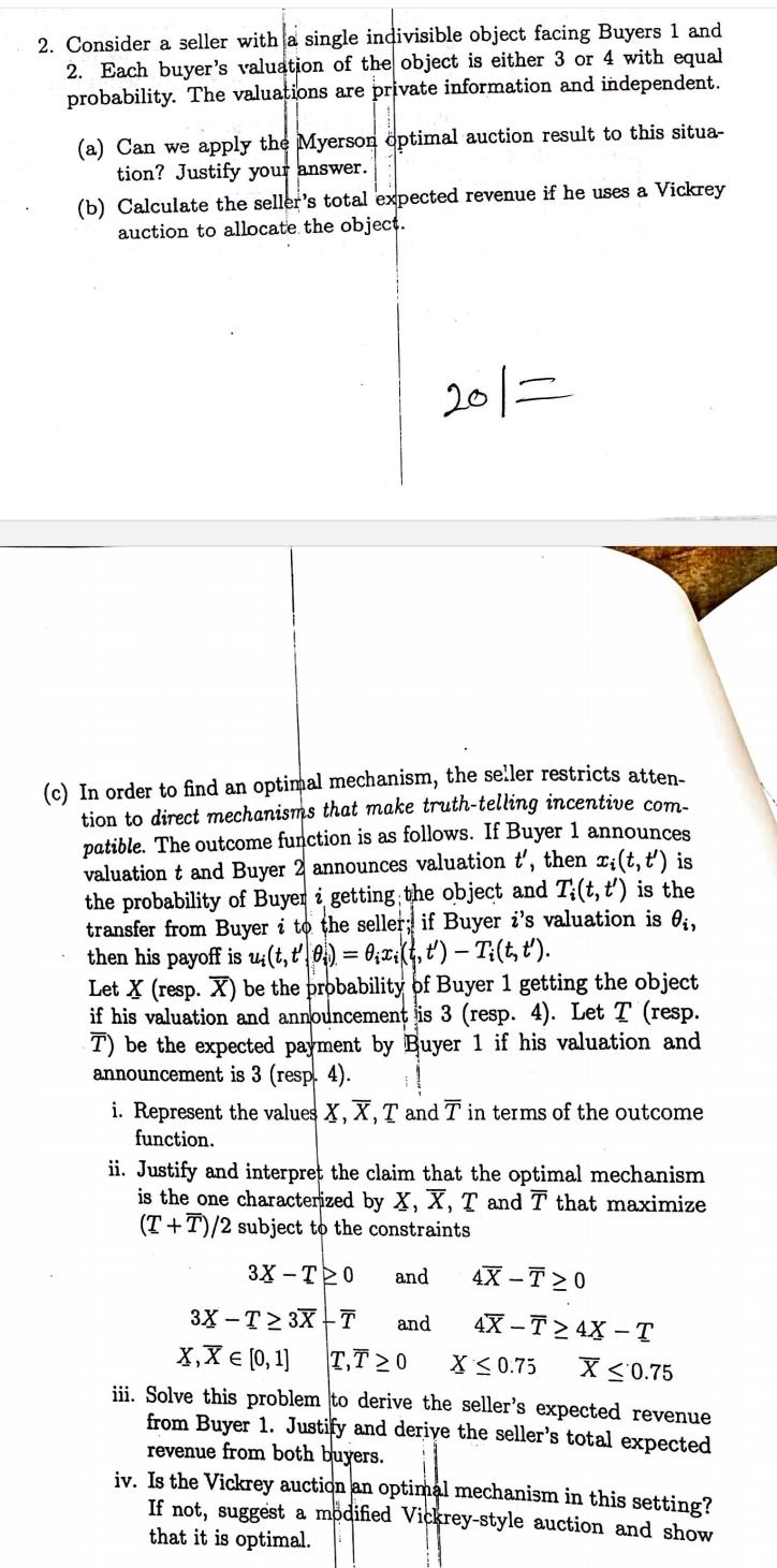 Solved Consider a seller with a single indivisible object | Chegg.com