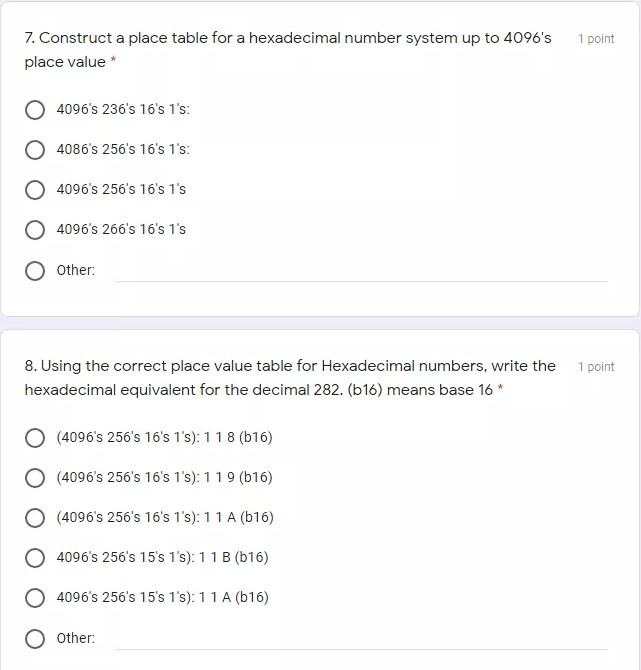 Solved 1 point 7. Construct a place table for a hexadecimal | Chegg.com