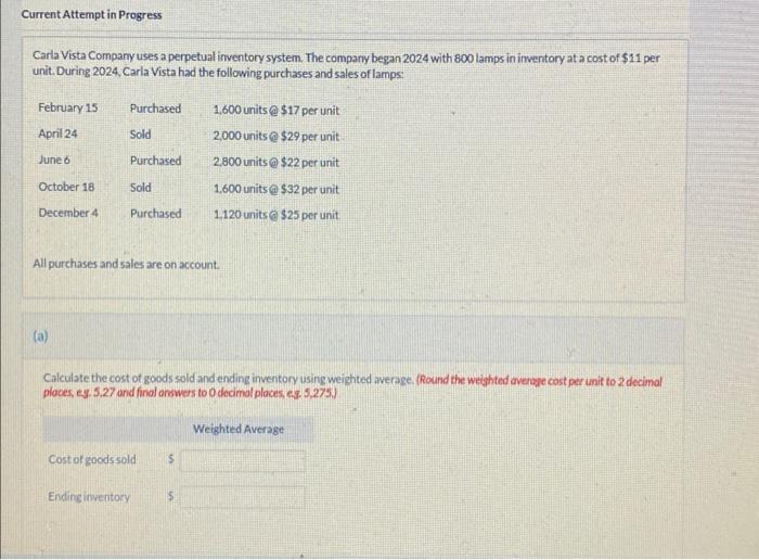 Solved Carla Vista Company uses a perpetual inventory | Chegg.com