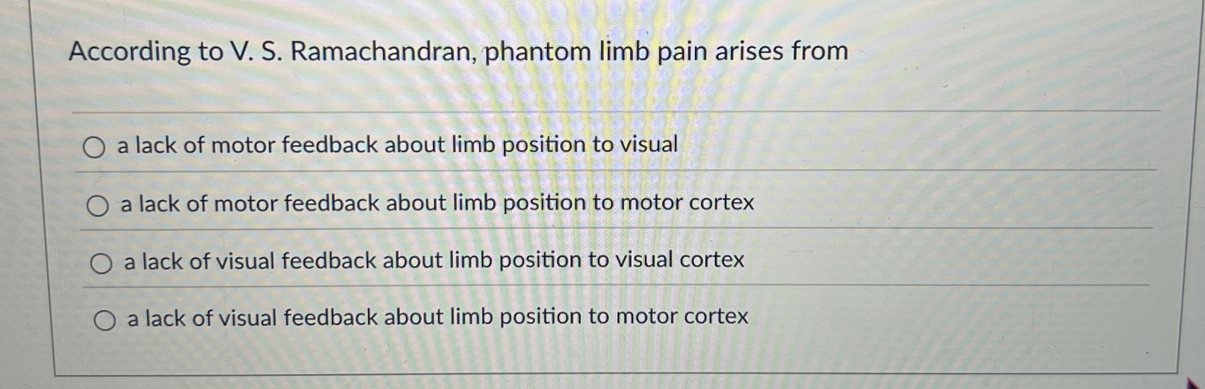Solved According to V. ﻿S. ﻿Ramachandran, phantom limb pain | Chegg.com