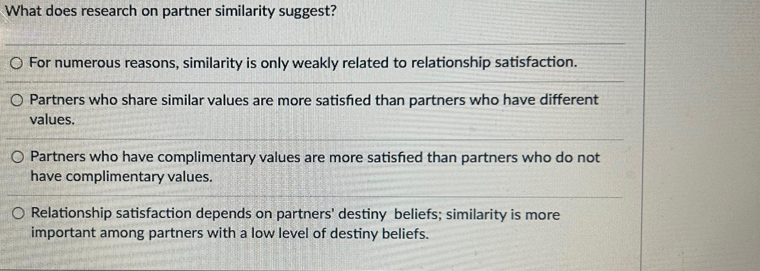 Solved What does research on partner similarity suggest?For | Chegg.com