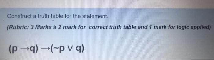 Solved Construct a truth table for the statement. (Rubric: 3 | Chegg.com