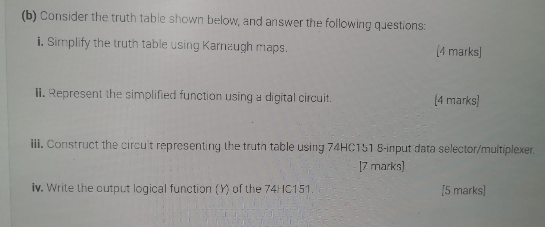 Solved (b) Consider the truth table shown below, and answer | Chegg.com