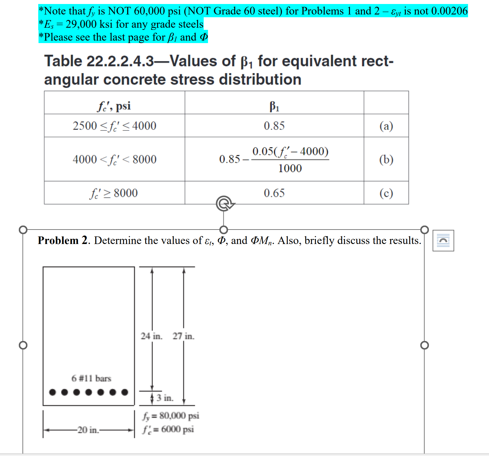 Solved *Note that fy ﻿is NOT 60,000ψ (NOT Grade 60 ﻿steel) | Chegg.com