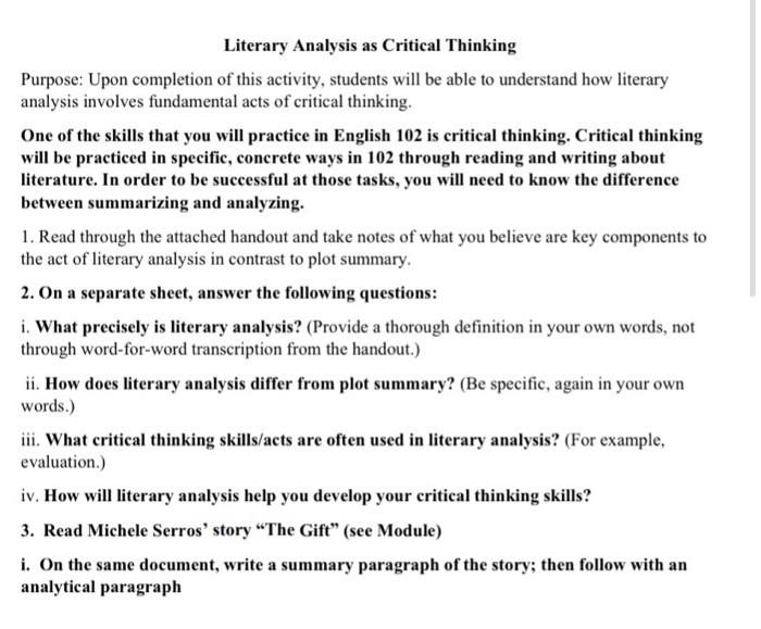 Solved Literary Analysis as Critical Thinking Purpose: Upon | Chegg.com