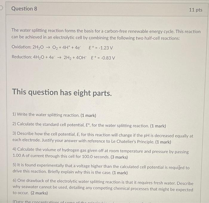 Solved The water splitting reaction forms the basis for a | Chegg.com