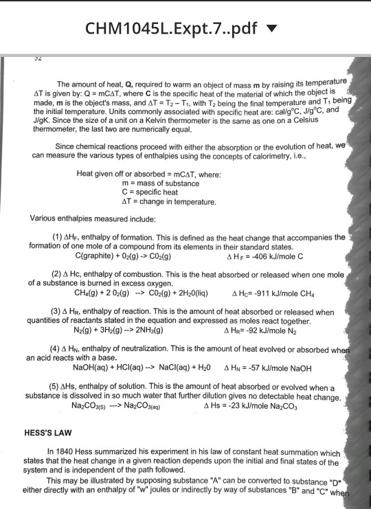 49 Experiment #7 CALORIMETRY CHM 1045L/CHM 1046L | Chegg.com