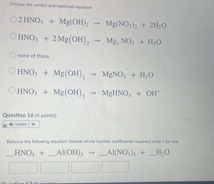 Solved Choose the correct and balanced equation. O2 HNO3 + | Chegg.com