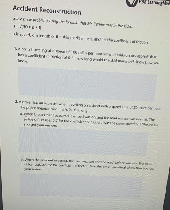 Solved PBS Learning Med Accident Reconstruction Solve these | Chegg.com