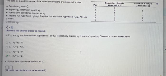 Solved Population 1 Sample Observation 1) Population 2 | Chegg.com