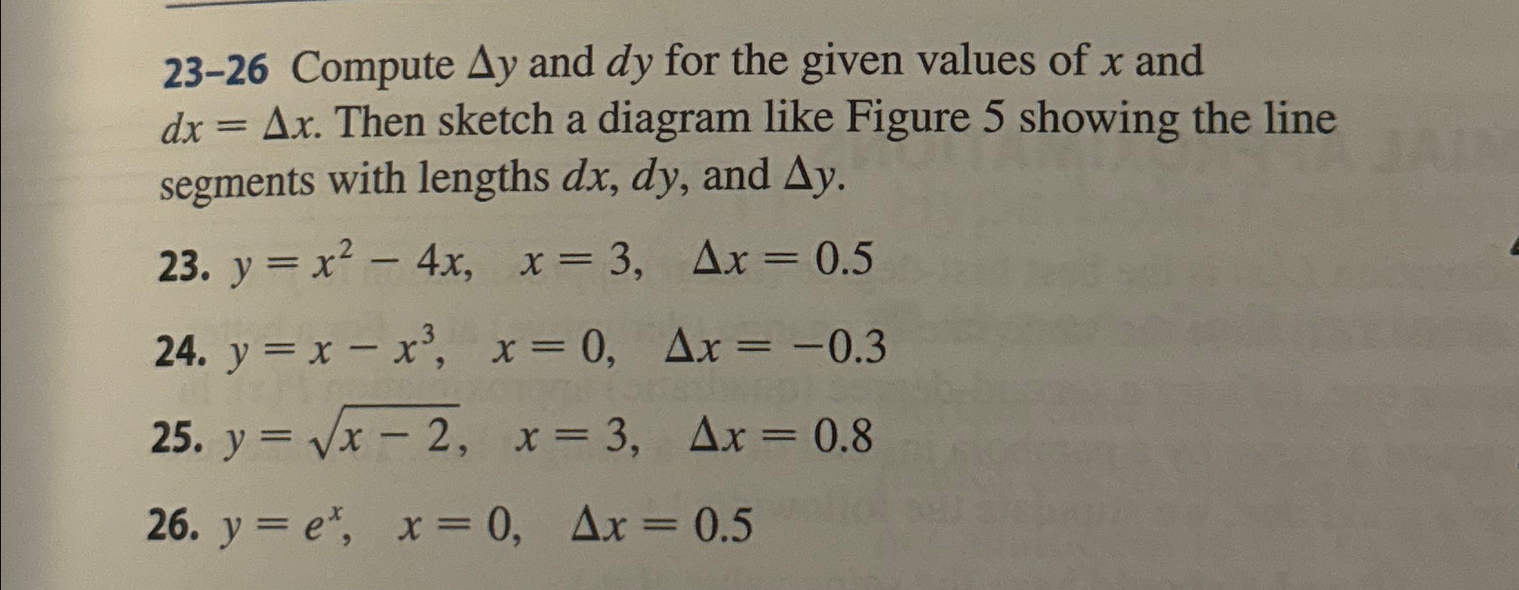 Solved 23-26 ﻿Compute Δy ﻿and dy ﻿for the given values of x | Chegg.com