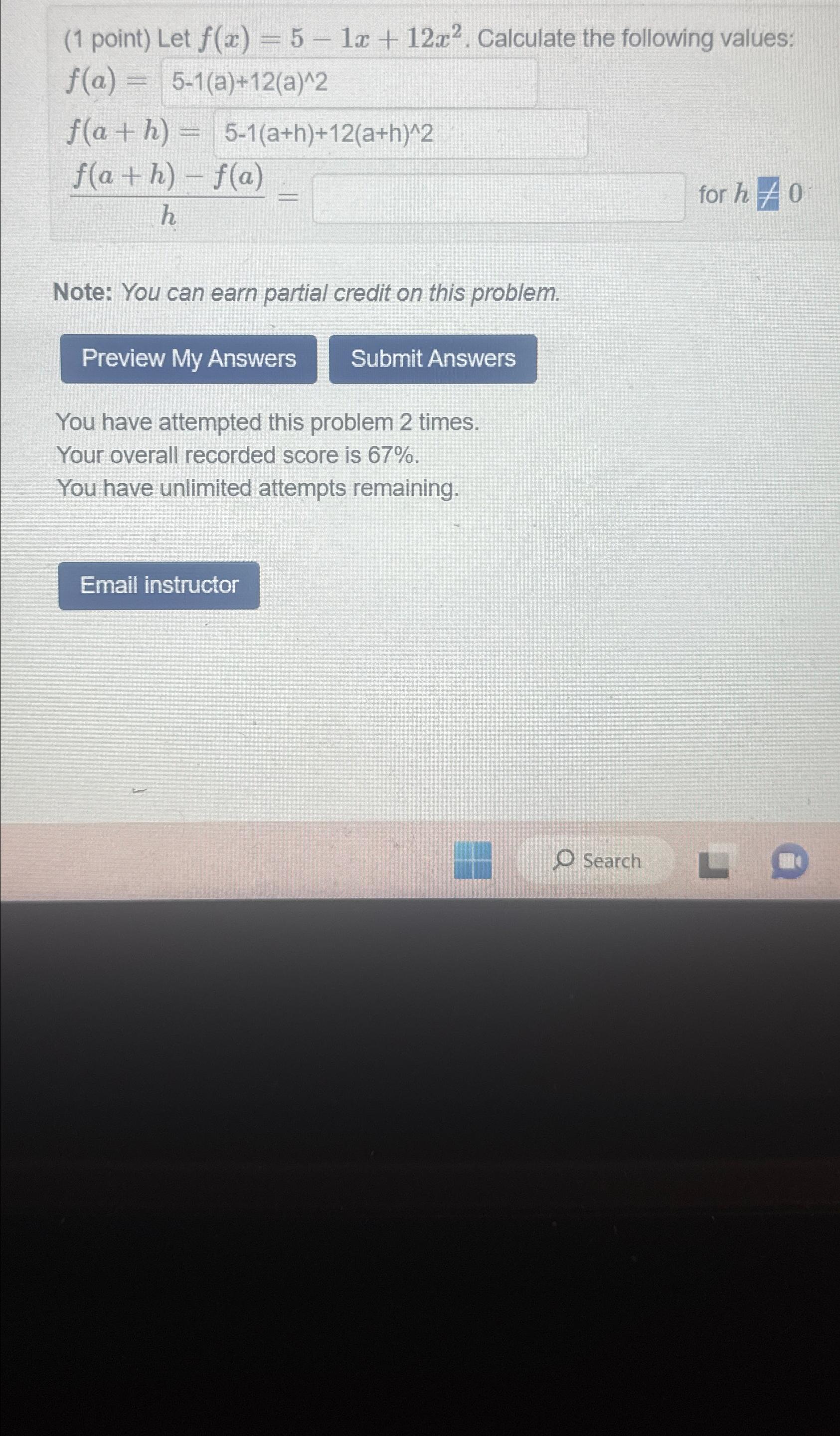 Solved ( 1 ﻿point) ﻿Let f(x)=5-1x+12x2. ﻿Calculate the | Chegg.com