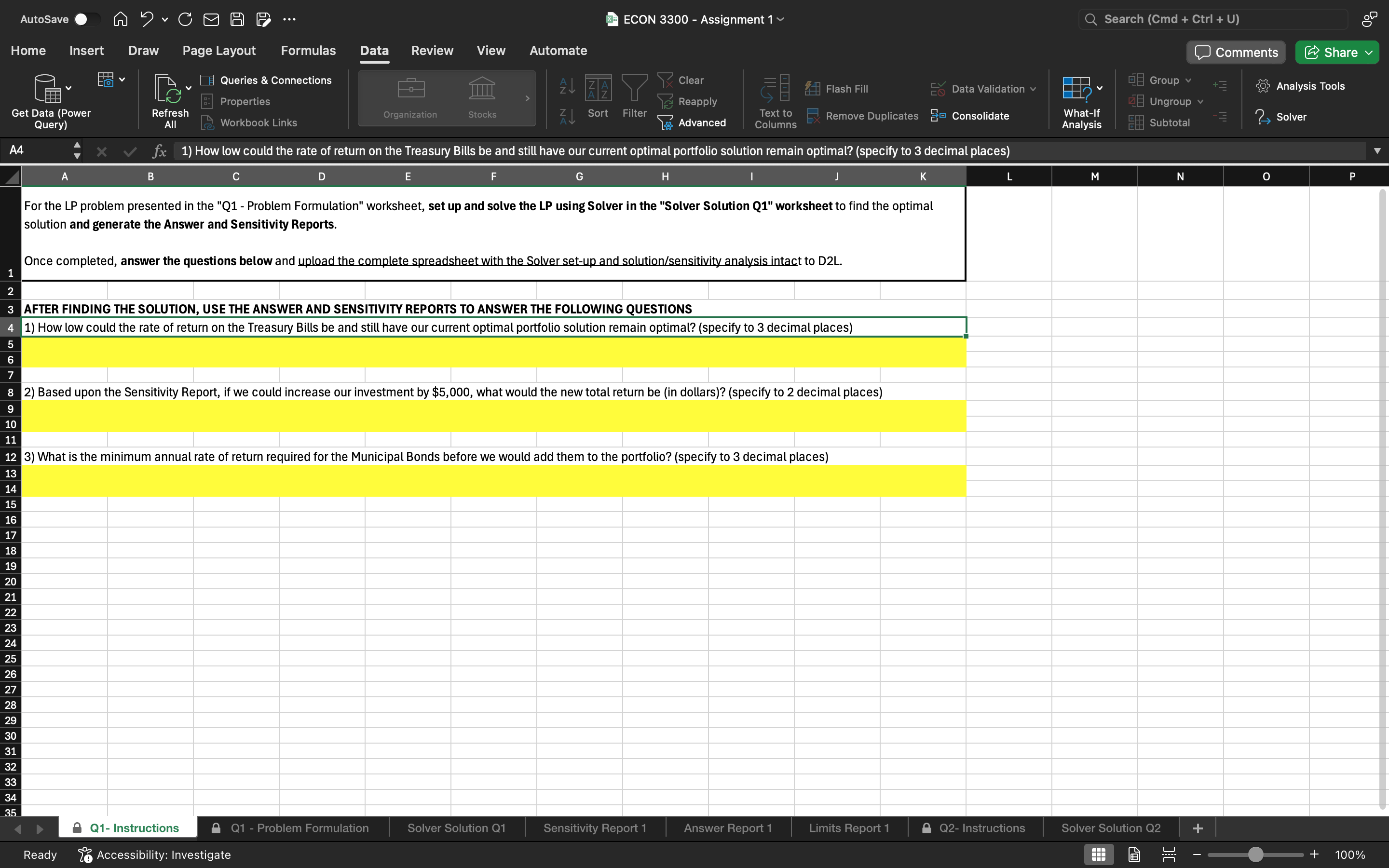 Worksheet: [ECON 3300 - ﻿Assignment 1.xlsx]Solver | Chegg.com