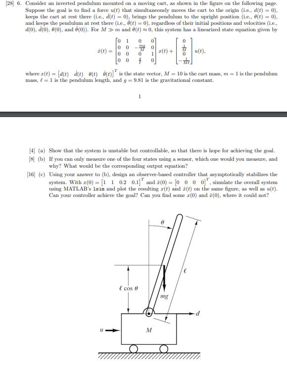 Solved [28] 6. ﻿Consider an inverted pendulum mounted on a | Chegg.com
