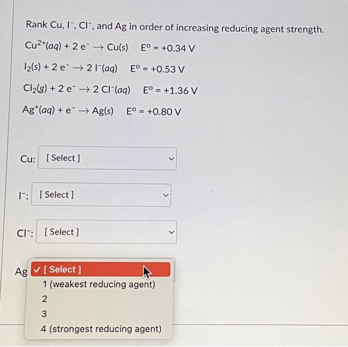 Solved Rank Cu1I−,Cl−, and Ag in order of increasing | Chegg.com