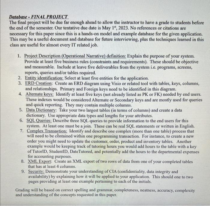 Solved Database - FINAL PROJECT The final project will be | Chegg.com