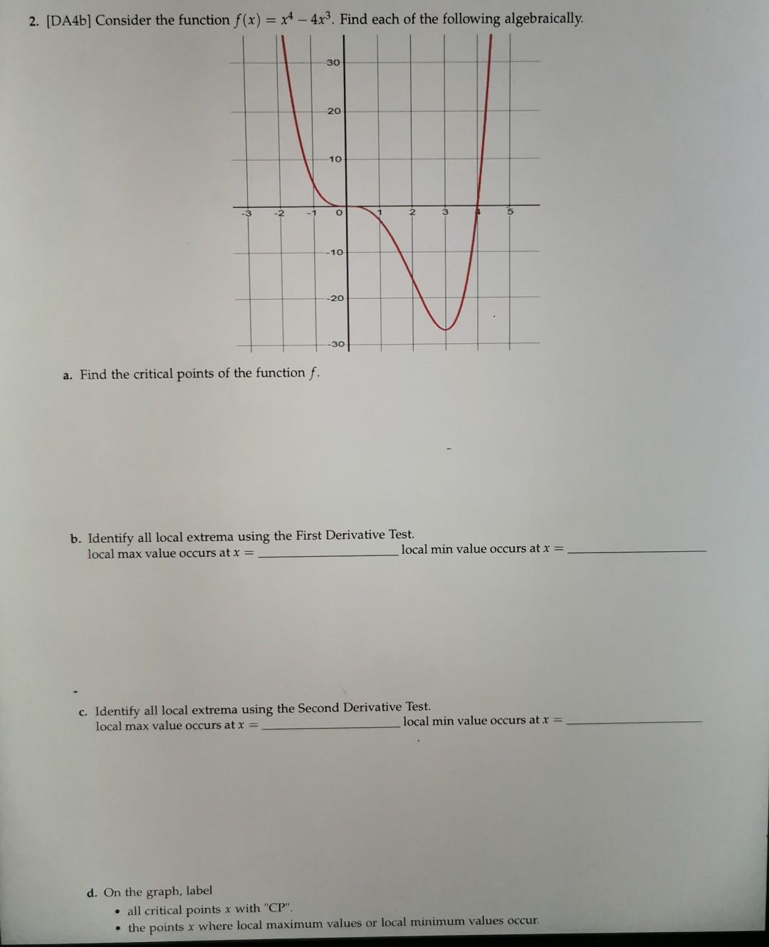 Solved 2. [DA4b] Consider the function f(x)=x4−4x3. Find | Chegg.com