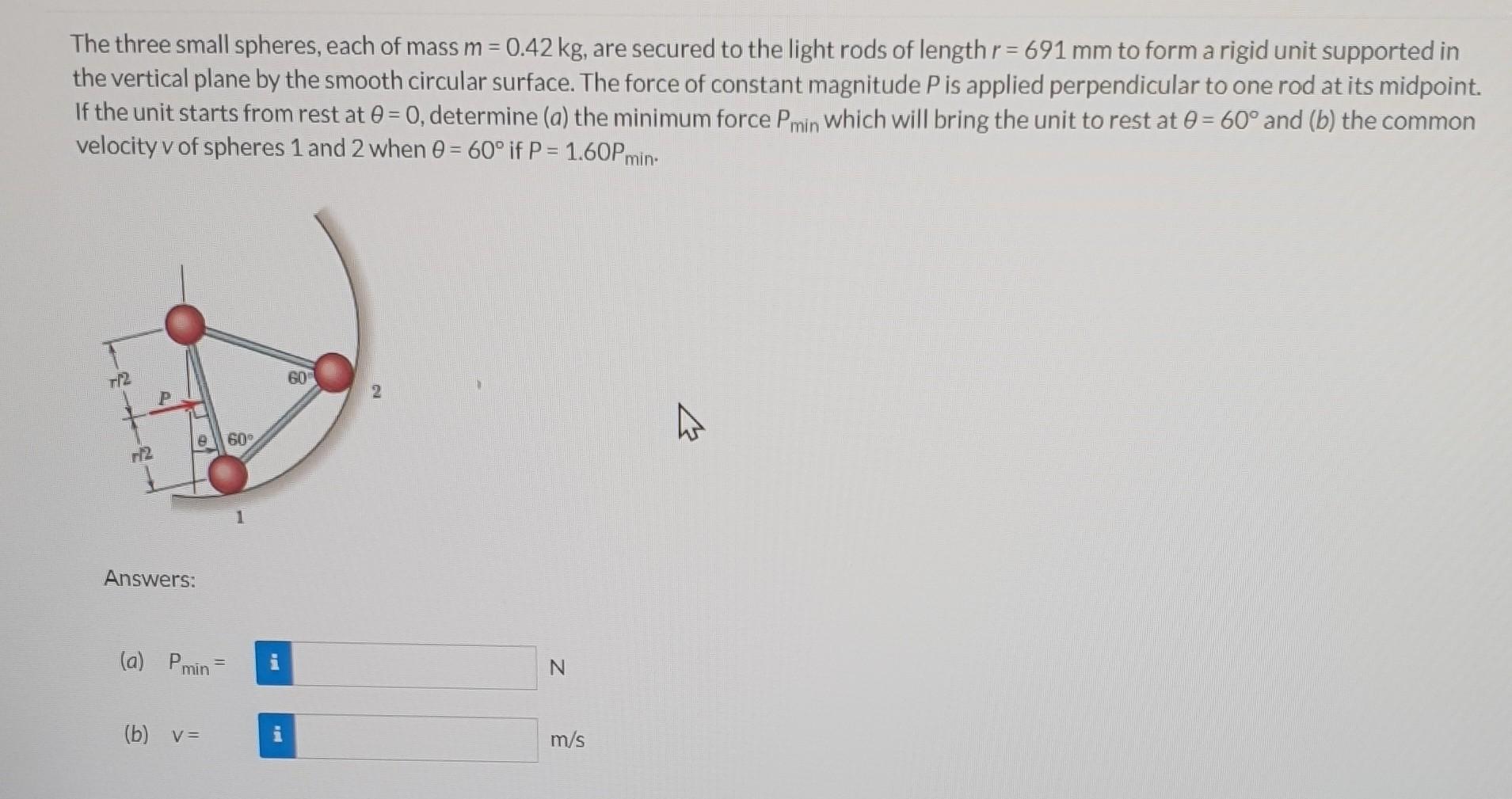 Solved The three small spheres, each of mass m=0.42 kg, are | Chegg.com