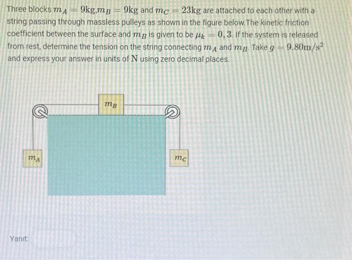 Solved Three blocks mA=9 kg,mB=9 kg and mC=23 kg are | Chegg.com