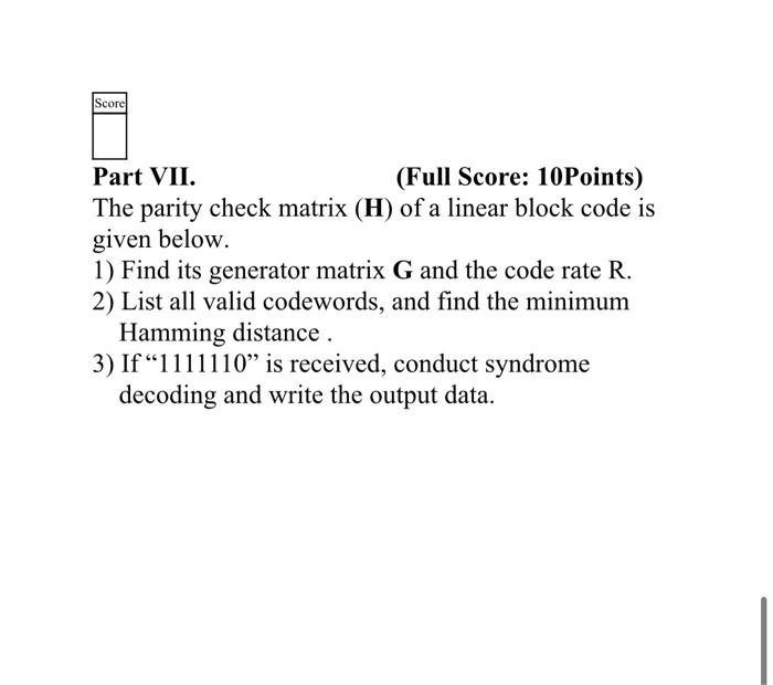 Solved Part VII. (Full Score: 10Points) The parity check | Chegg.com