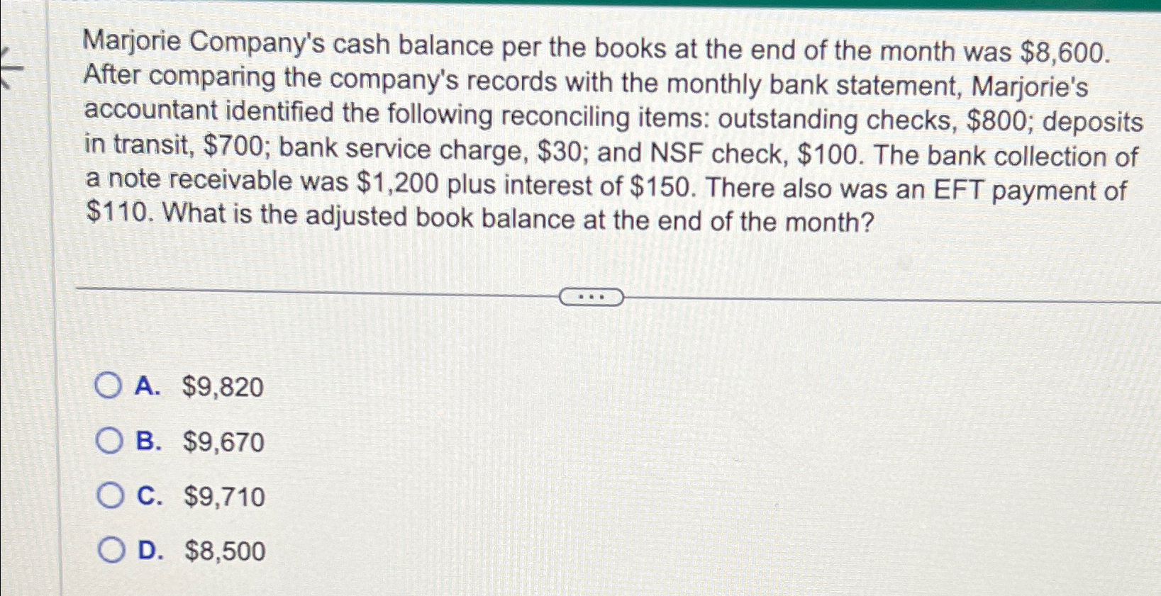 Solved Marjorie Company's cash balance per the books at the | Chegg.com