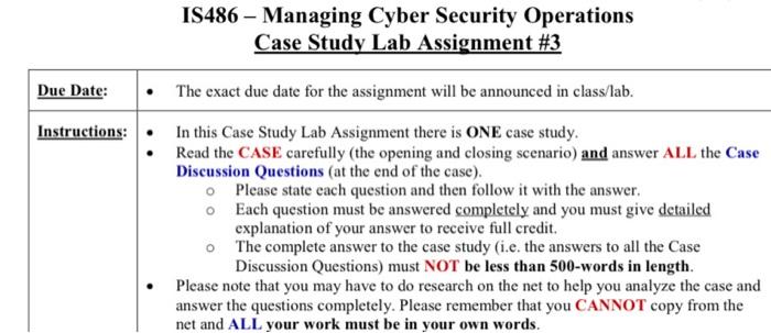 IS486 - Managing Cyber Security Operations Case Study | Chegg.com