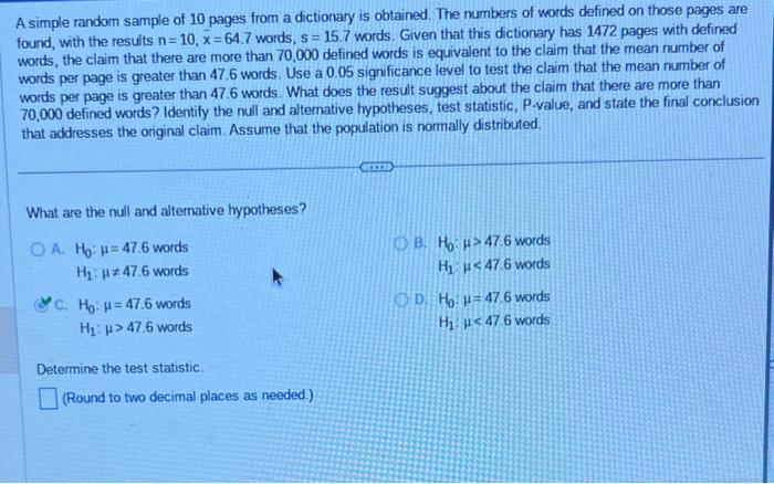 Solved A simple random sample of 10 pages from a dictionary | Chegg.com
