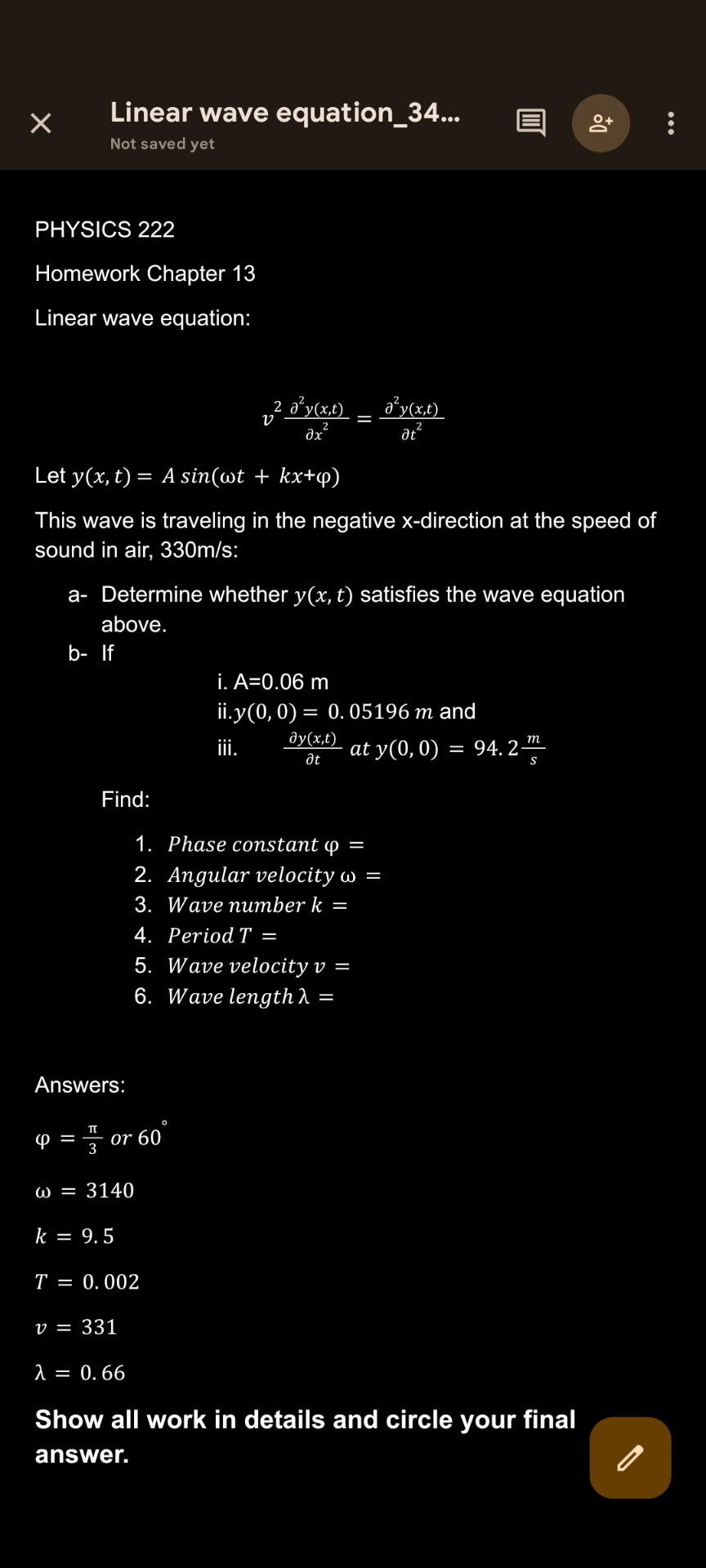 Solved PHYSICS 222Homework Chapter 13Linear wave | Chegg.com