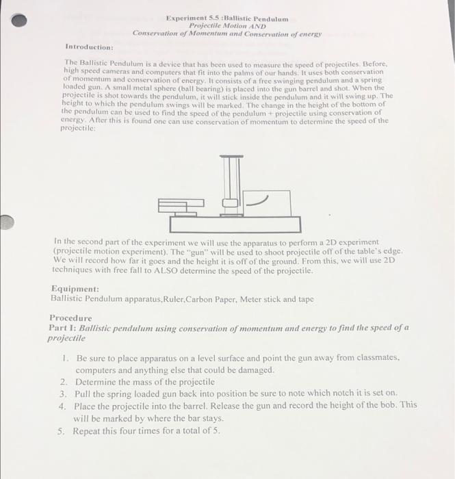 Experiment 5.5 Ballistic Pendulum Projectile Motion | Chegg.com