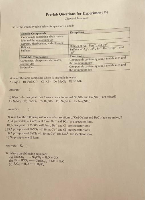 Solved Pre-lab Questions for Experiment \#4 Chemical | Chegg.com