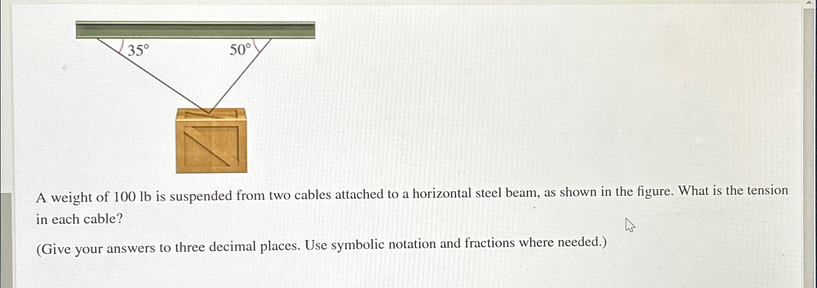Solved A weight of 100lb ﻿is suspended from two cables | Chegg.com