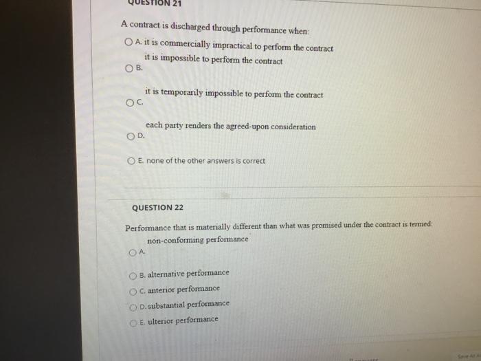 Solved 21 A contract is discharged through performance when: | Chegg.com