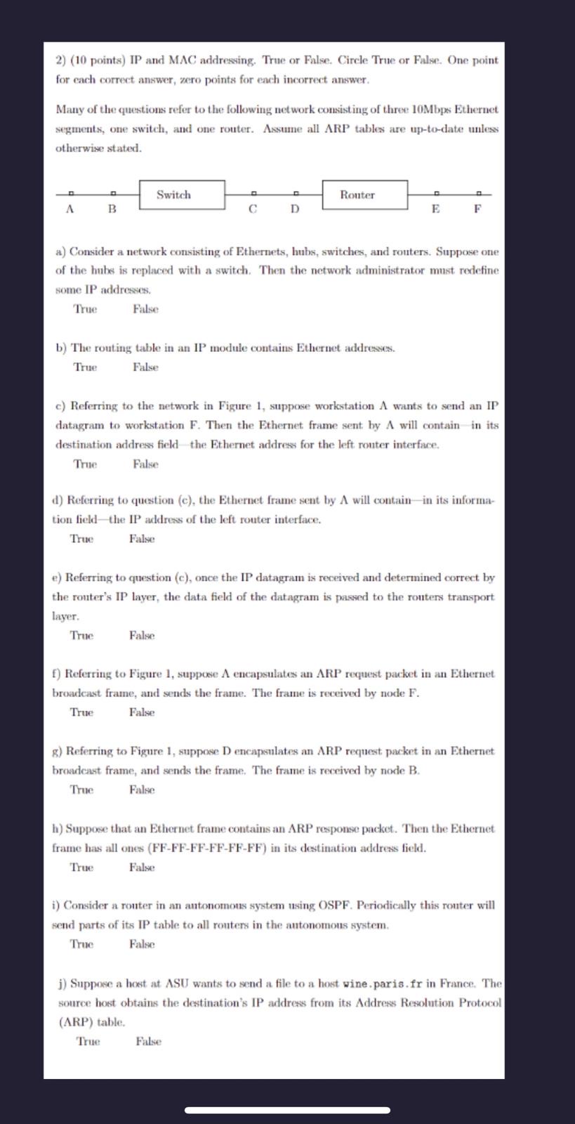 Solved (10 ﻿points) ﻿IP and MAC addressing. True or False. | Chegg.com