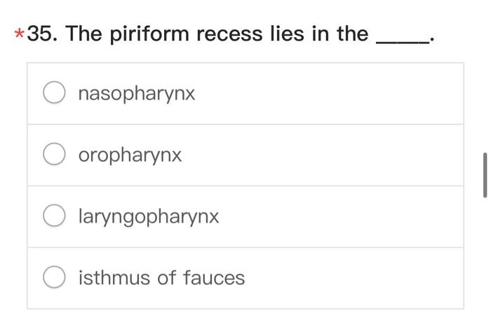 Solved ⋆35. The piriform recess lies in the nasopharynx | Chegg.com