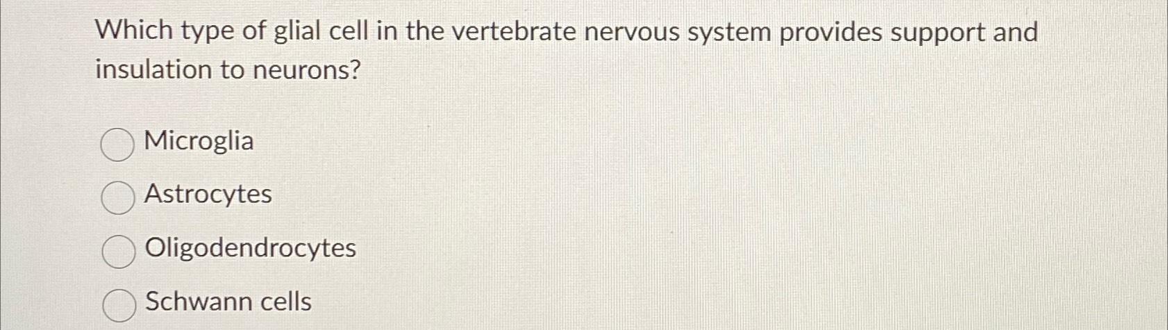 Solved Which type of glial cell in the vertebrate nervous | Chegg.com