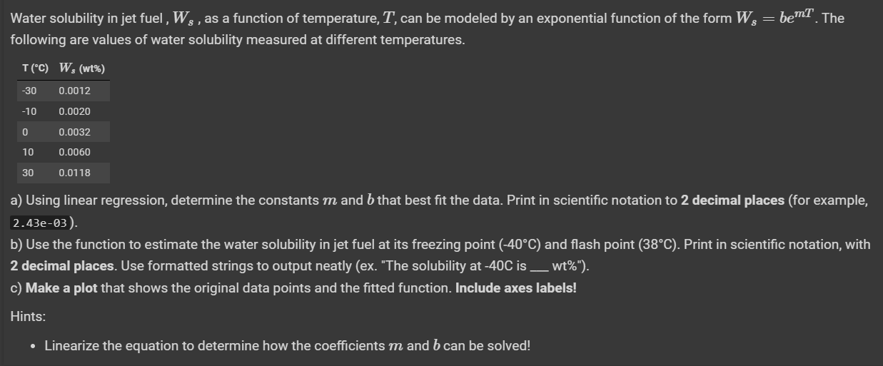 Solved Please code in PythonWater solubility in jet fuel, | Chegg.com