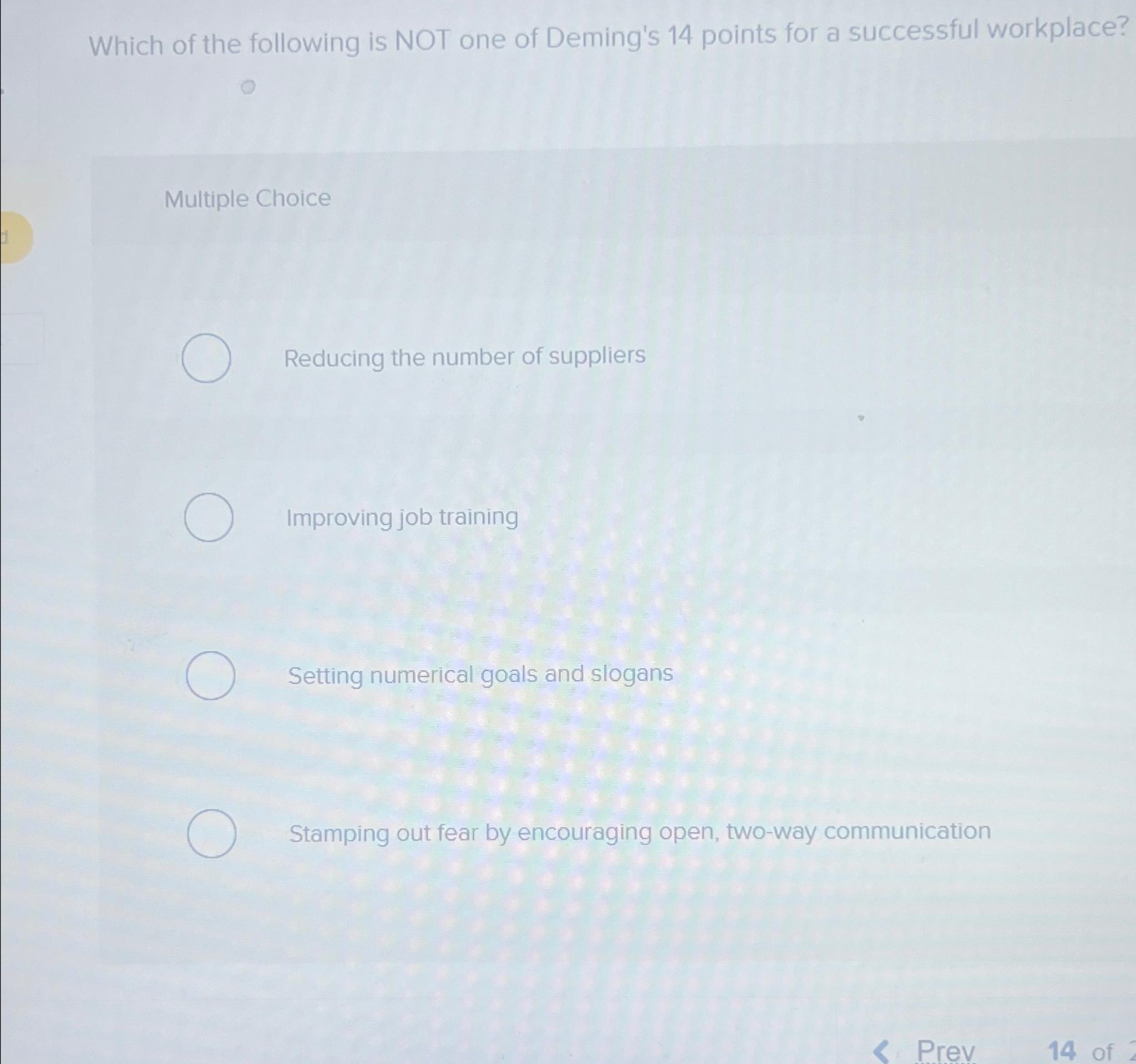 Solved Which of the following is NOT one of Deming's 14 | Chegg.com