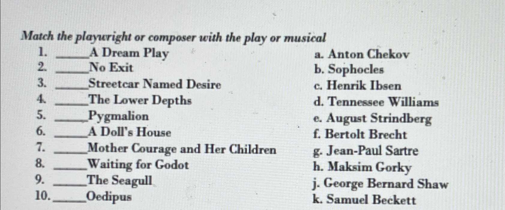 Solved Match the playuright or composer with the play or | Chegg.com