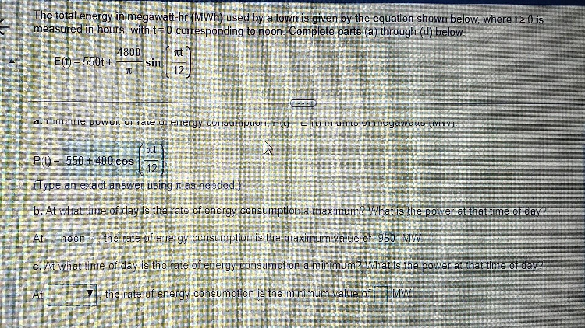 Solved The total energy in megawatt-hr (MWh) used by a town | Chegg.com