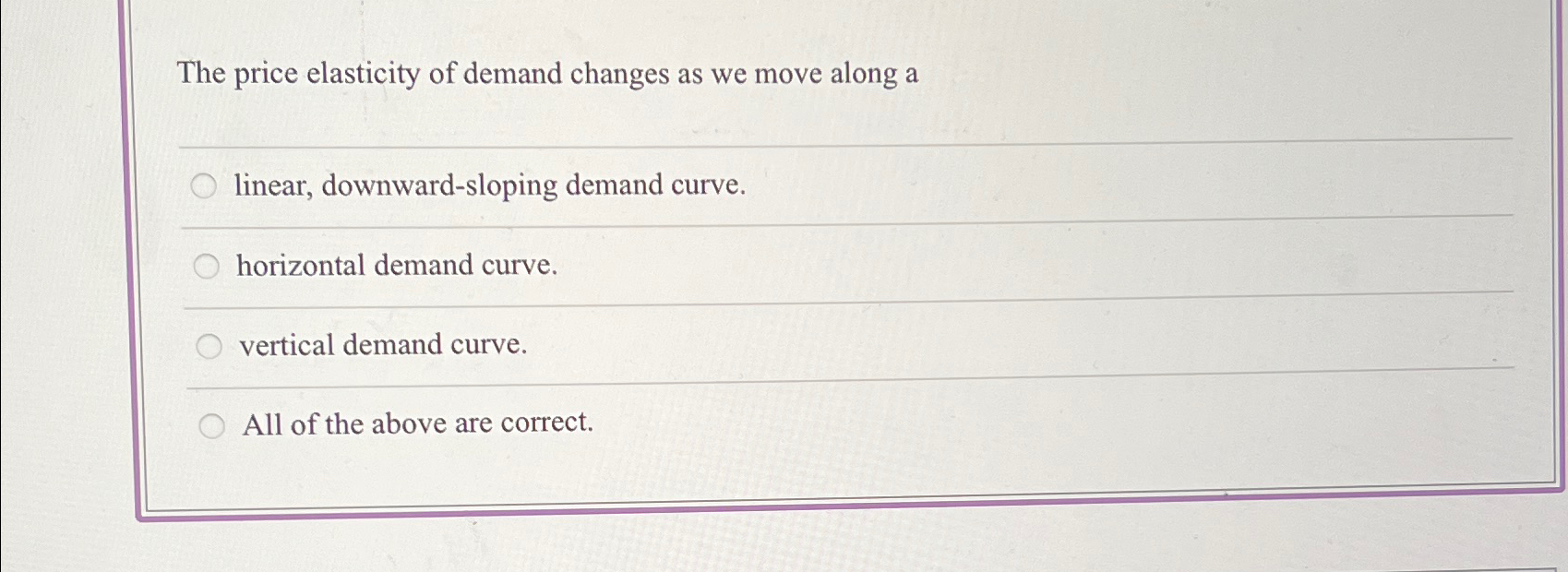 Solved The price elasticity of demand changes as we move | Chegg.com