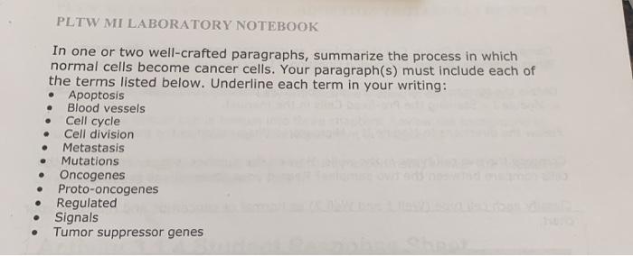 Solved . . PLTW MI LABORATORY NOTEBOOK In one or two | Chegg.com