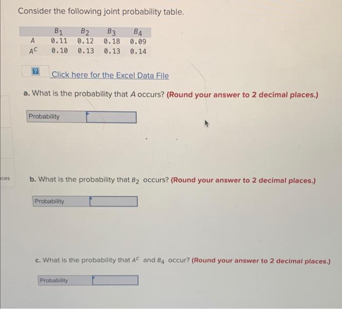 Solved Consider the following joint probability table. Click | Chegg.com Solved Consider the following joint probability table. Click | Chegg.com