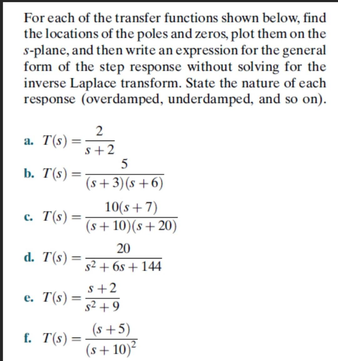 Solved For each of the transfer functions shown below, find | Chegg.com