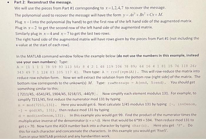 Solved Part 2: Reconstruct the message. We will use the | Chegg.com