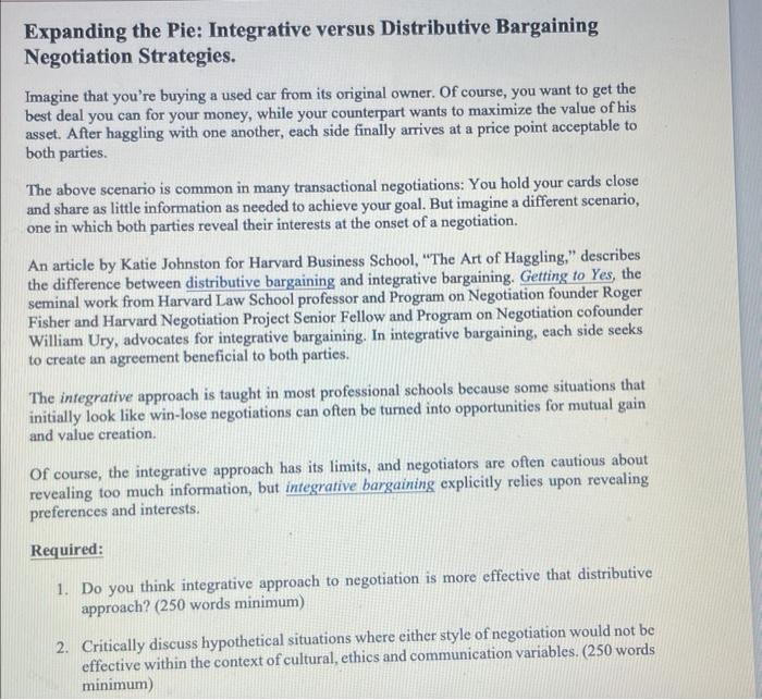 Expanding the Pie: Integrative versus Distributive | Chegg.com